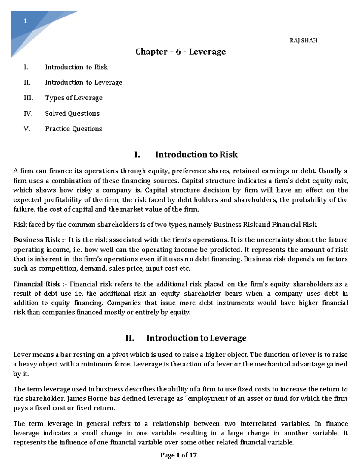 Chapter - 6 - Leverage - RAJ SHAH 1 Chapter – 6 – Leverage I. Introduction to Risk II ...