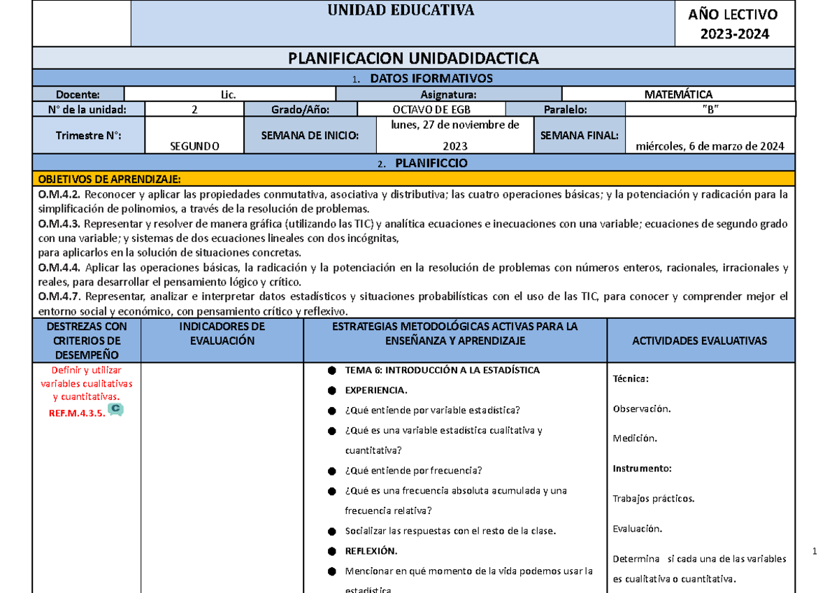 8VO-MATE - Segundo Trimestre - 1 UNIDAD EDUCATIVA AÑO LECTIVO 2023 ...