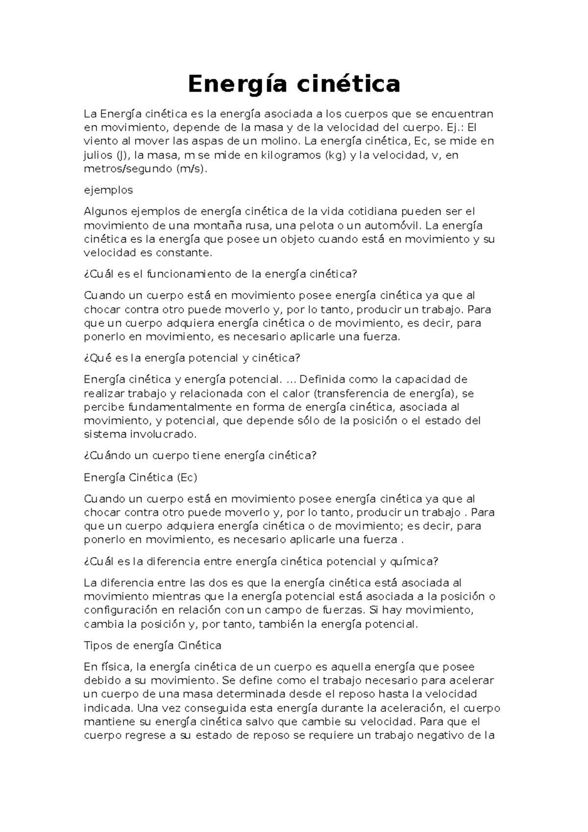 Energía cinética - resumen sobre la energia cinetica - Energía cinética ...