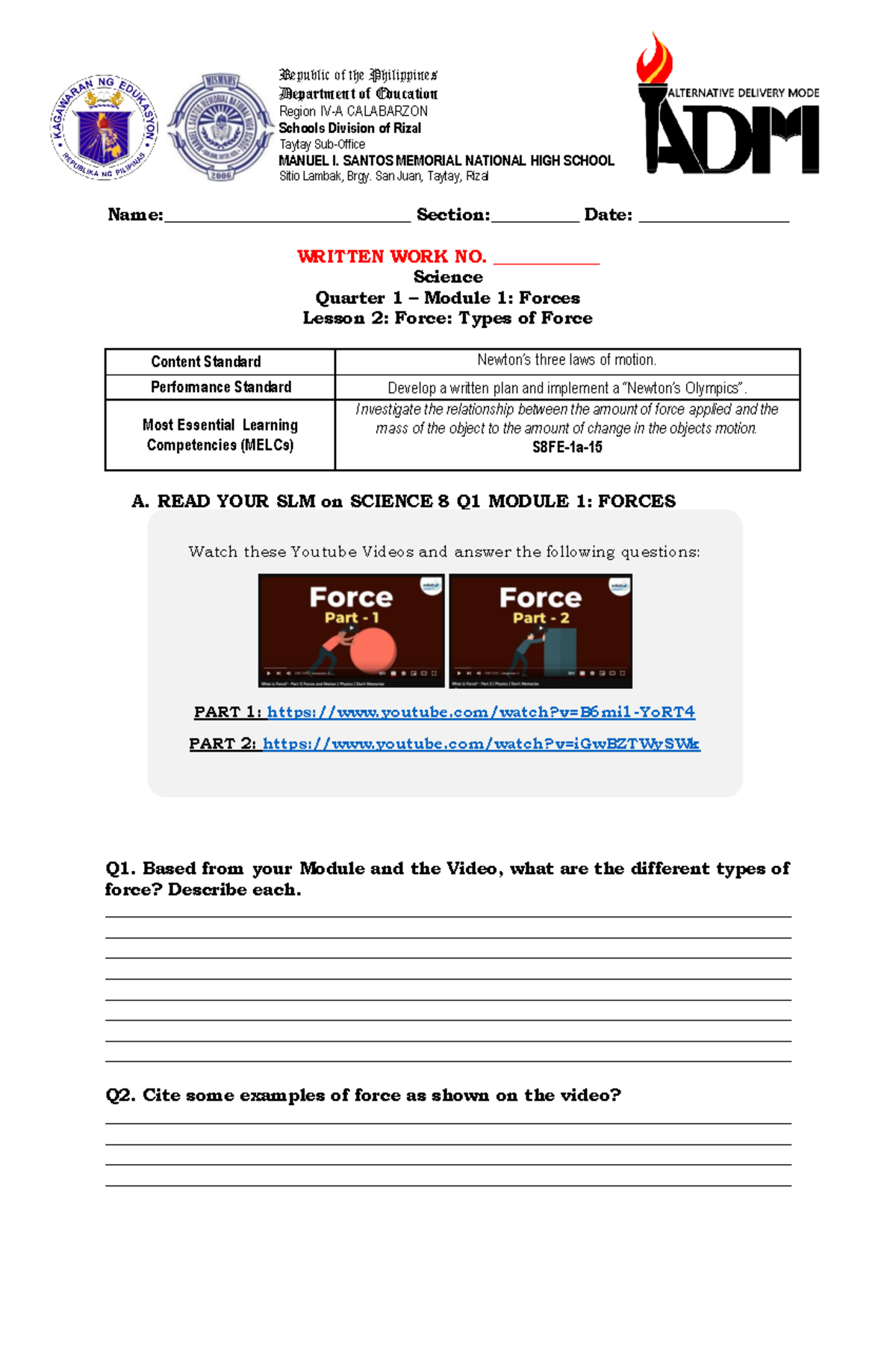 Science-8-Activity-Q1-Week-1-Day-2-Lesson-2-Types-of-Forces-ADM - Name