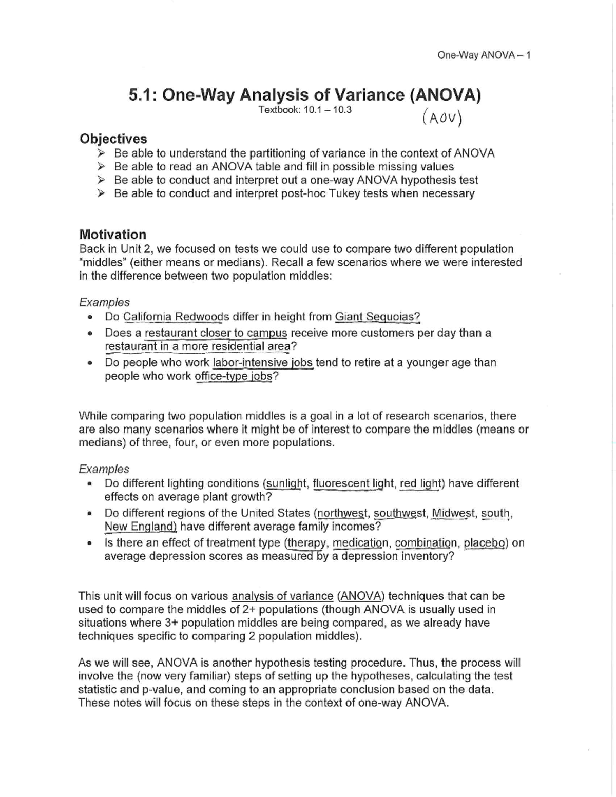 Unit 5 Notes [ Completed] - ANOVA 1 5: Analysis of Variance (ANOVA ...