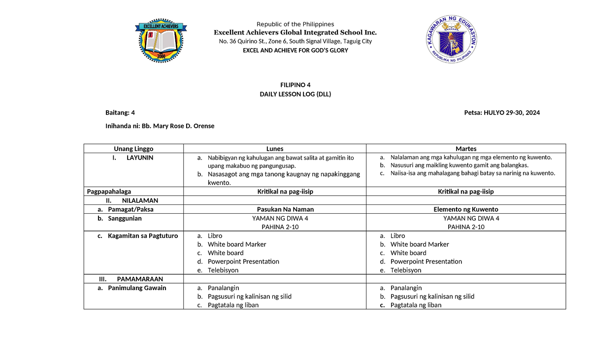 Filipino 4 WEEK 1 - DAILY LESSON LOG - Excellent Achievers Global ...