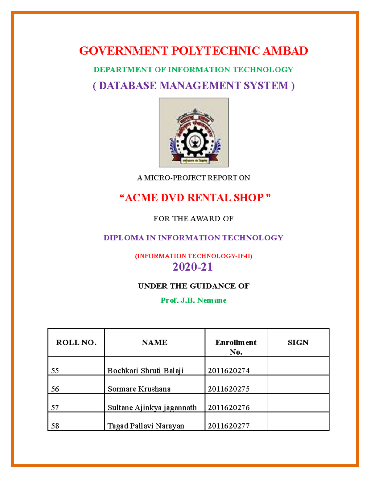Database microproject - GOVERNMENT POLYTECHNIC AMBAD DEPARTMENT OF ...
