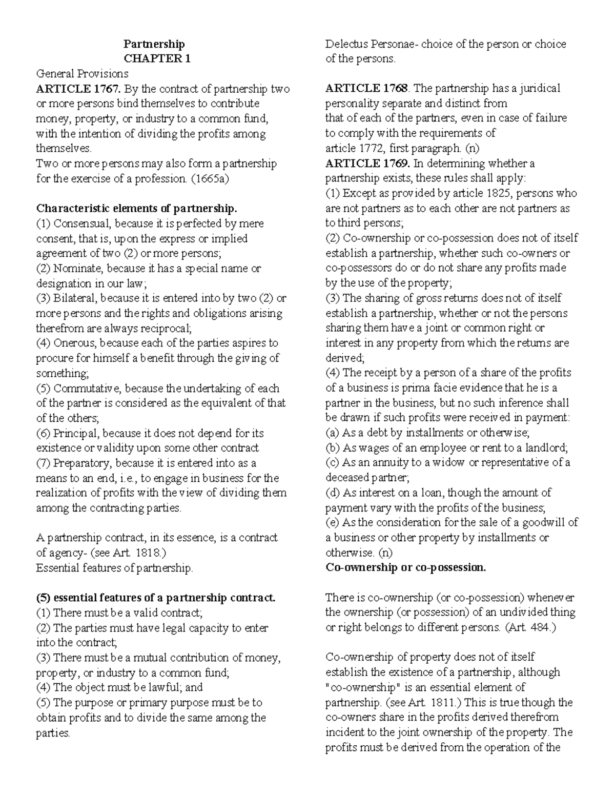 Partnership - Partnership CHAPTER 1 General Provisions ARTICLE 1767. By the contract of ...