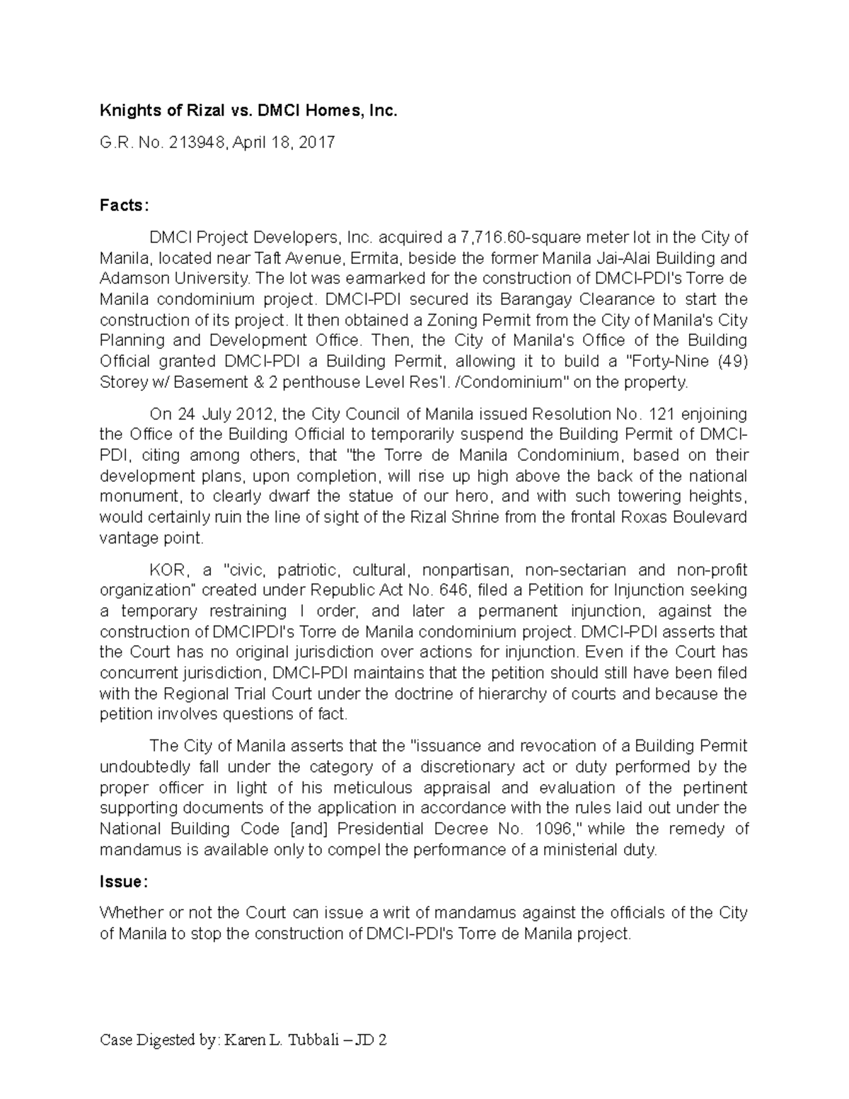 Knights OF Rizal V. DMCI Project Developers - Knights of Rizal vs. DMCI ...