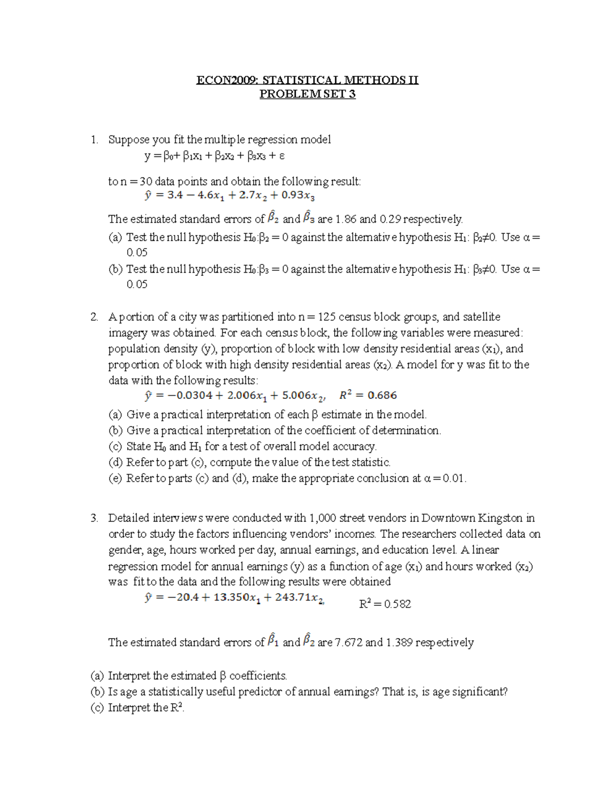 Tutorial Problem Set 3 - ECON2009: STATISTICAL METHODS II PROBLEM SET 3 ...