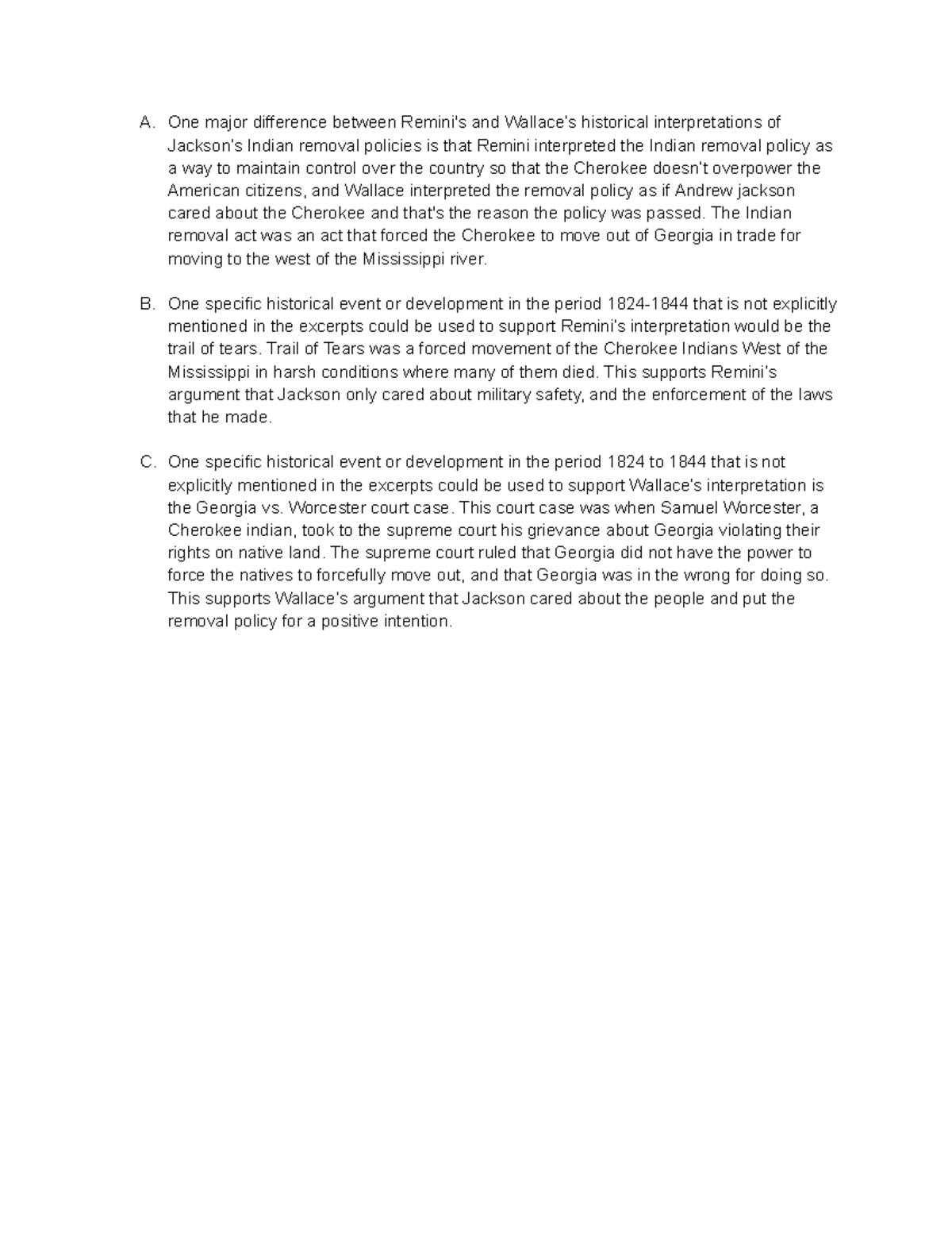 Apush Jackson SAQ - one of the practices - A. One major difference ...