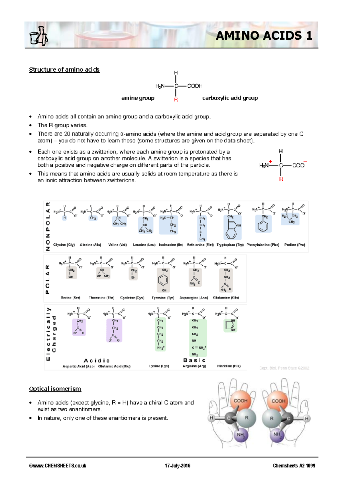 Copy of Chemsheets-A2-1101-Amino-acids - © CHEMSHEETS.co 17 - July ...