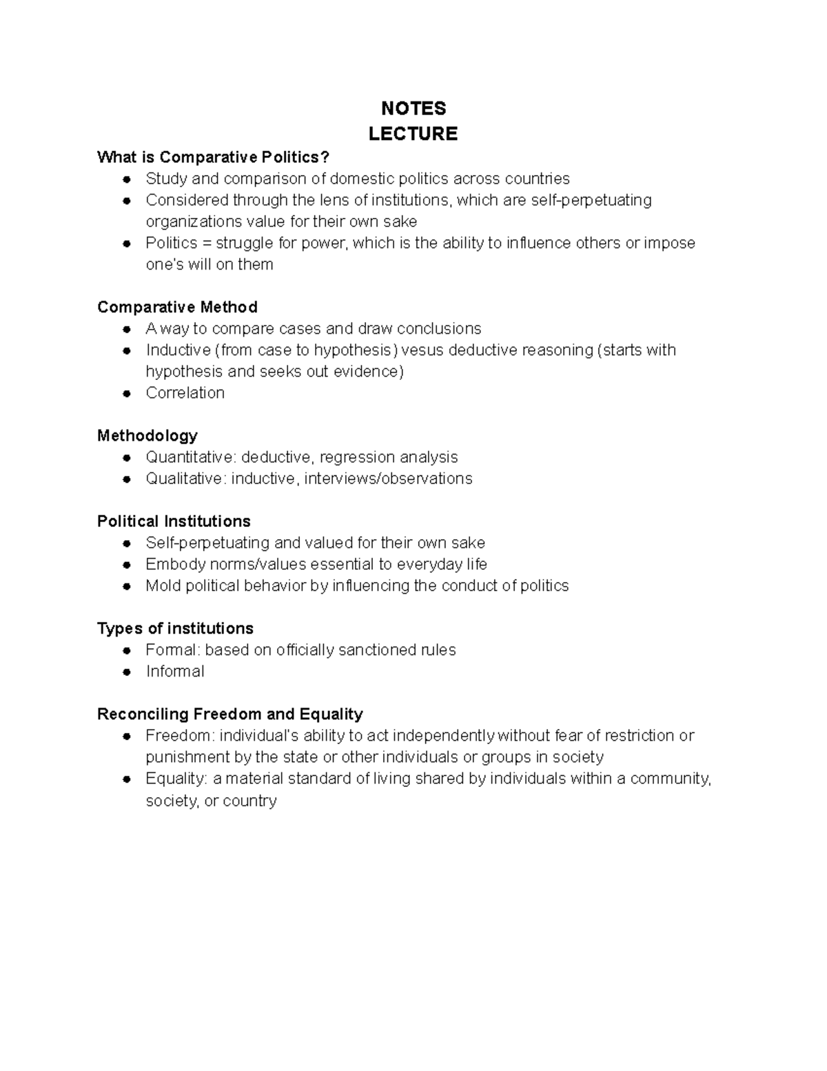January 15 Introduction - Comparative Politics - NOTES LECTURE What is ...