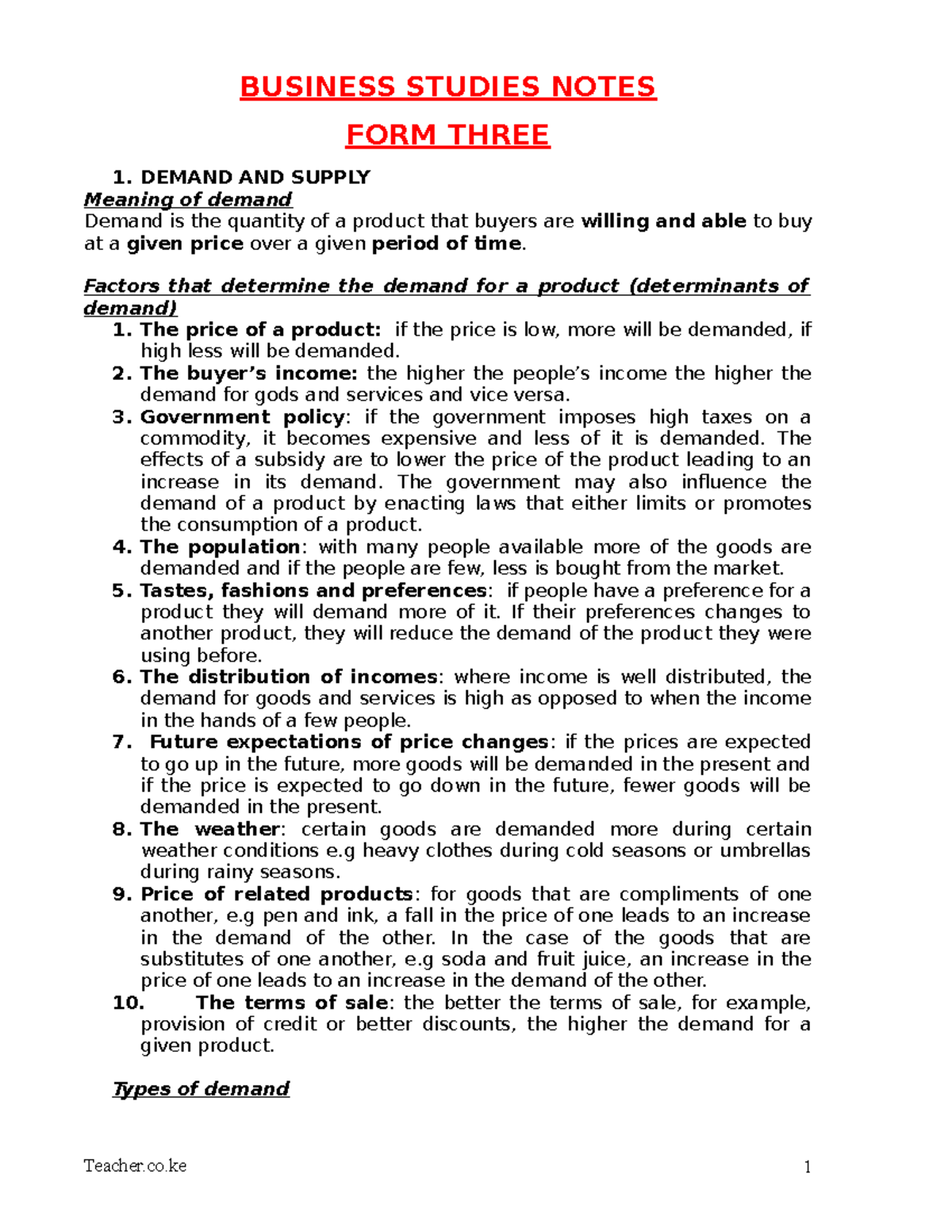 Business Studies Notes F3 - BUSINESS STUDIES NOTES FORM THREE 1. DEMAND ...