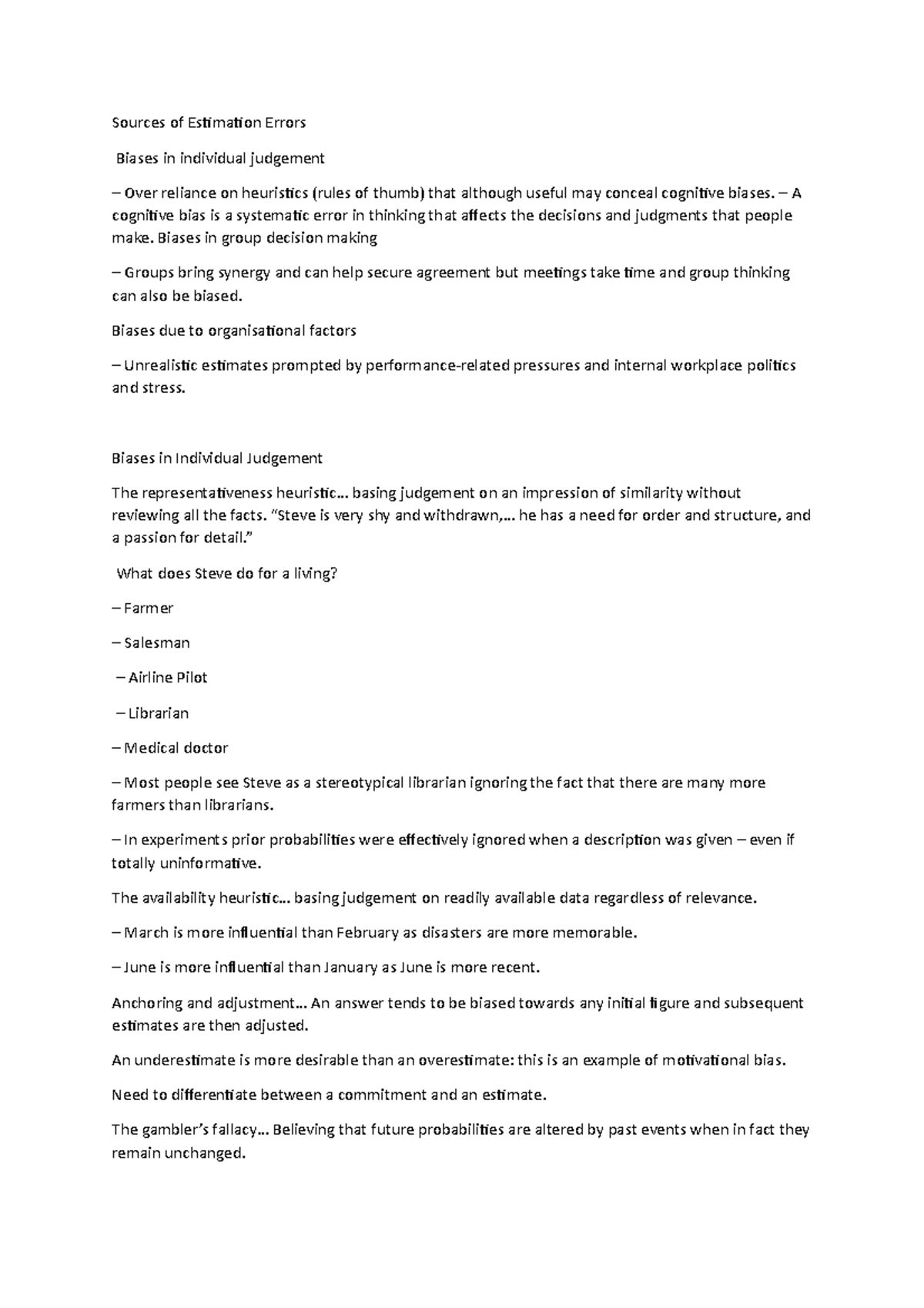 Cognitive Bias - Sources of Estimation Errors Biases in individual ...