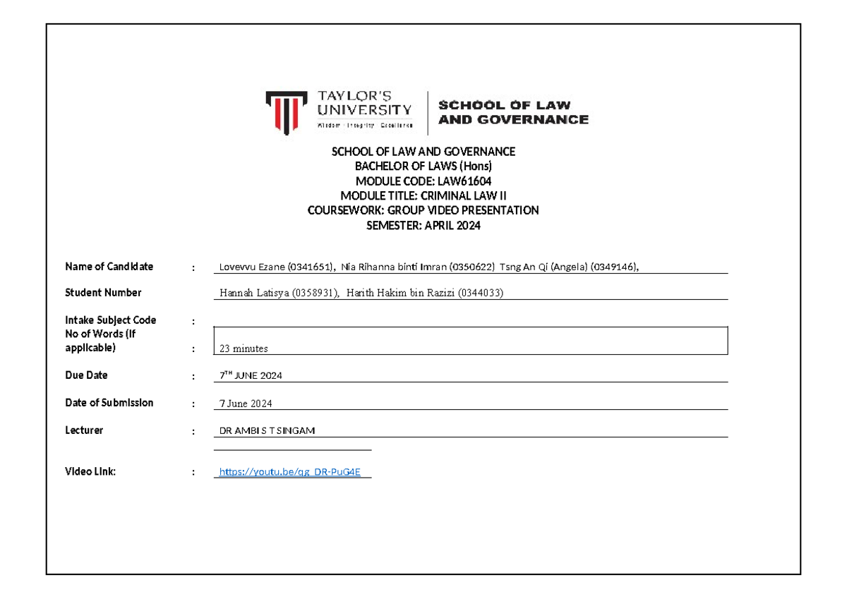 Criminal II Assignment Submission - SCHOOL OF LAW AND GOVERNANCE ...