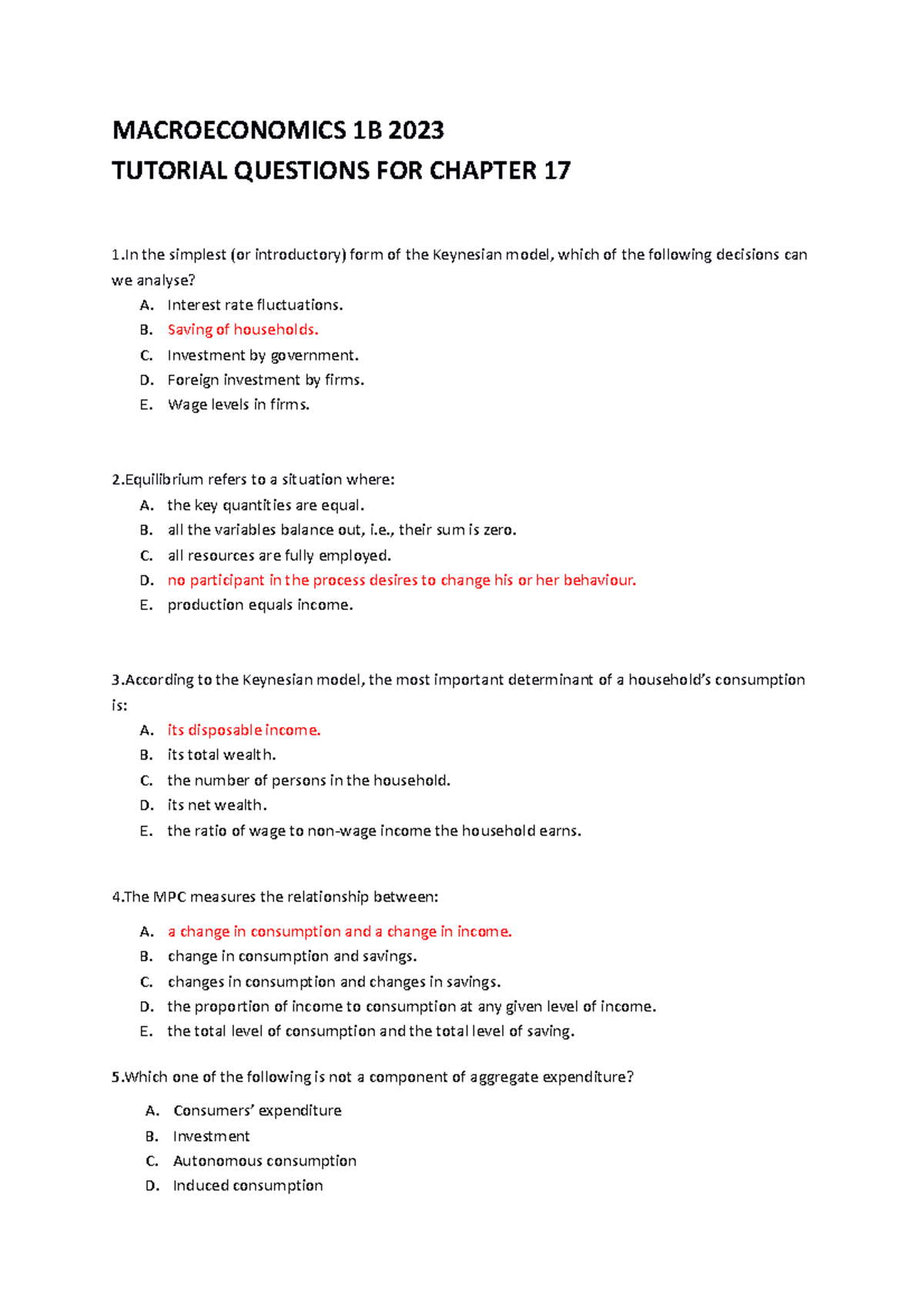 Macroeconomics 1B 2023 Tutorial Questions Chapter 17 - MACROECONOMICS 1B 2023 TUTORIAL QUESTIONS ...