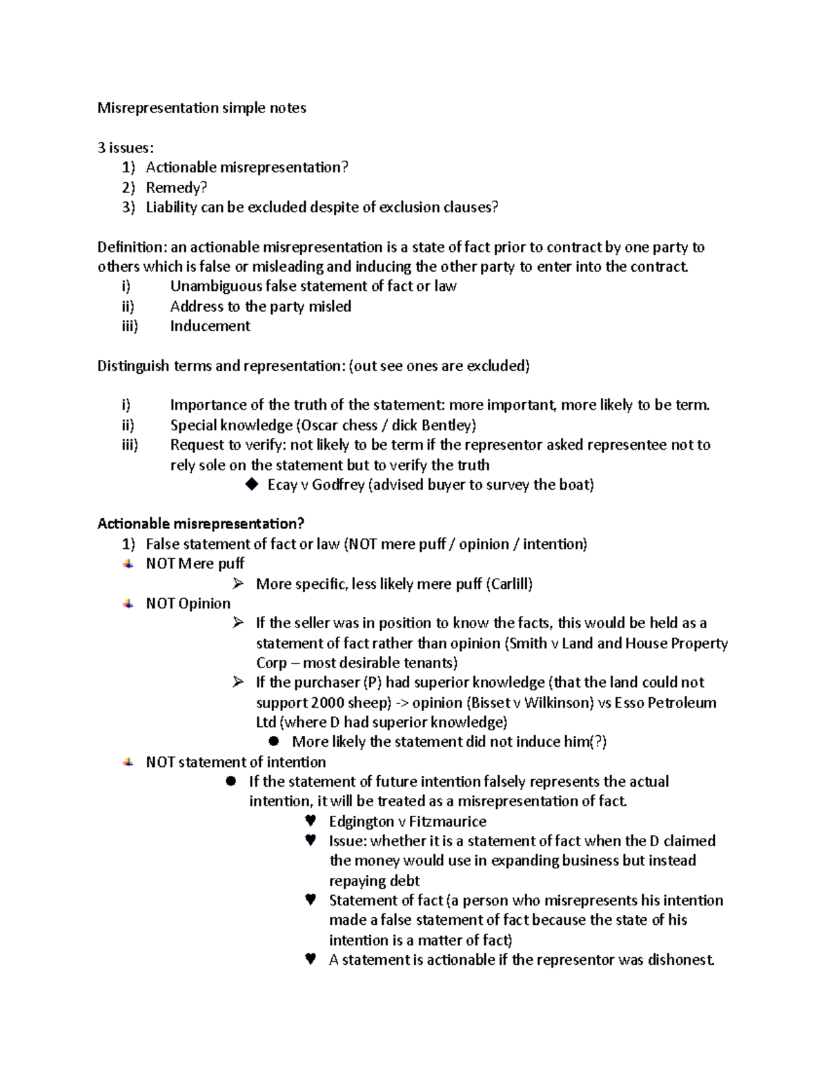 Misrepresentation simple notes - i) Unambiguous false statement of fact ...