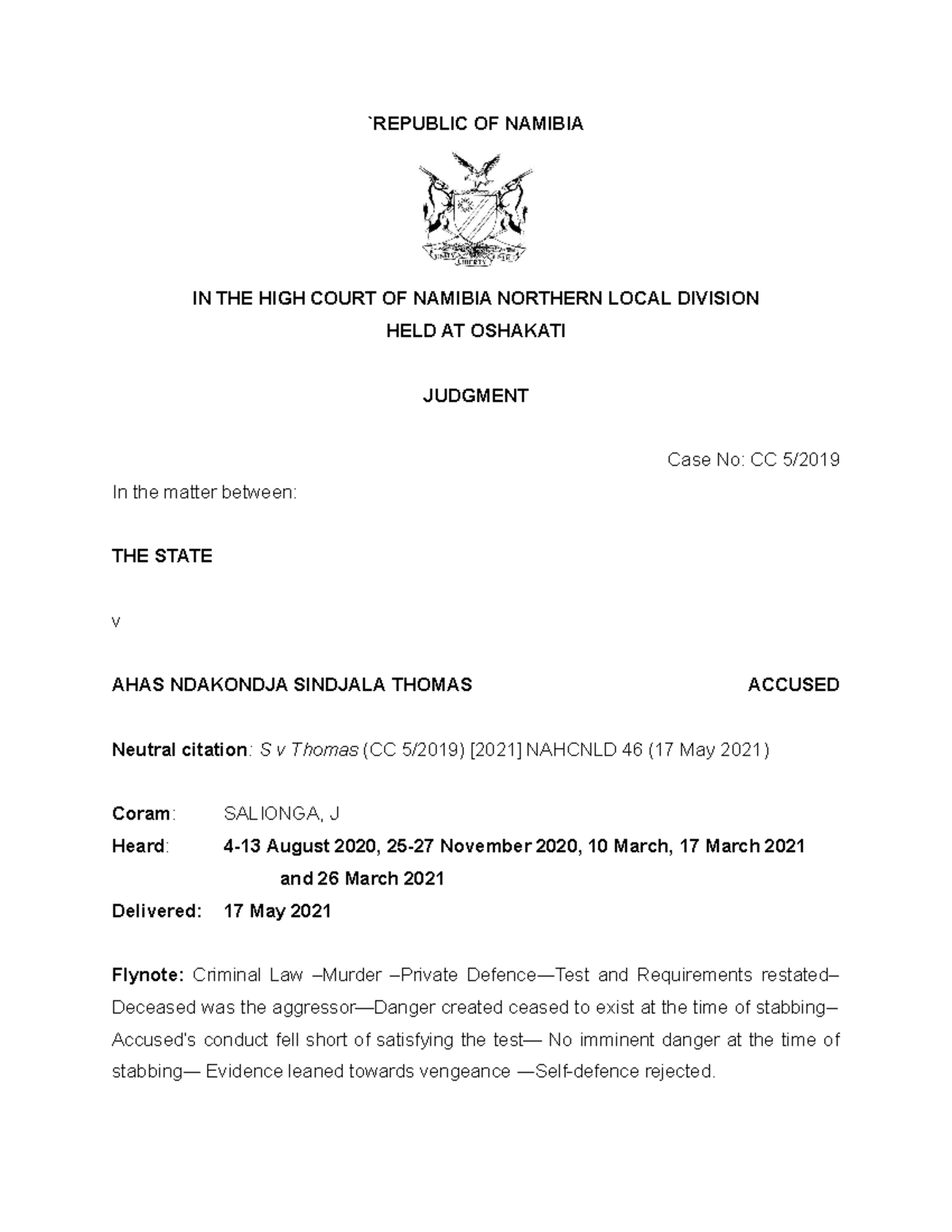 2021-nahcnld-46 - Case - `REPUBLIC OF NAMIBIA IN THE HIGH COURT OF ...