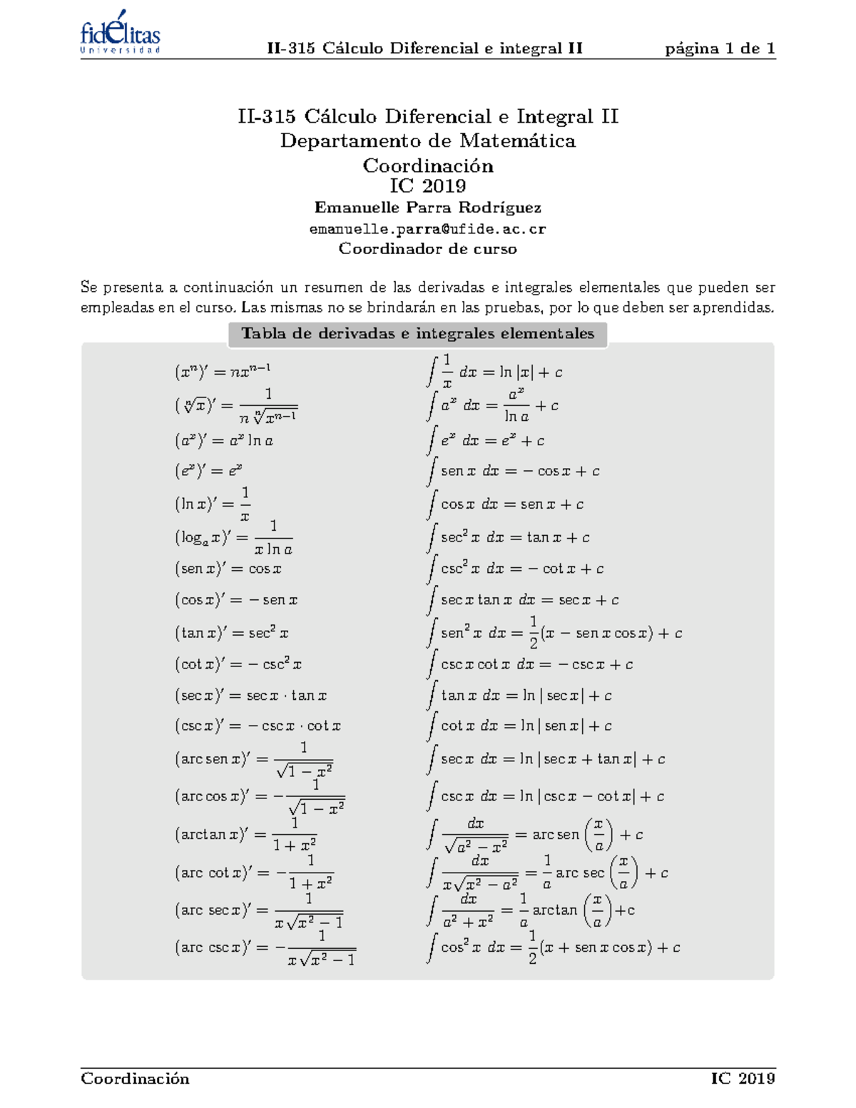 Tabla Derivadas e Integrales 1 - II-315 Cálculo Diferencial e integral ...