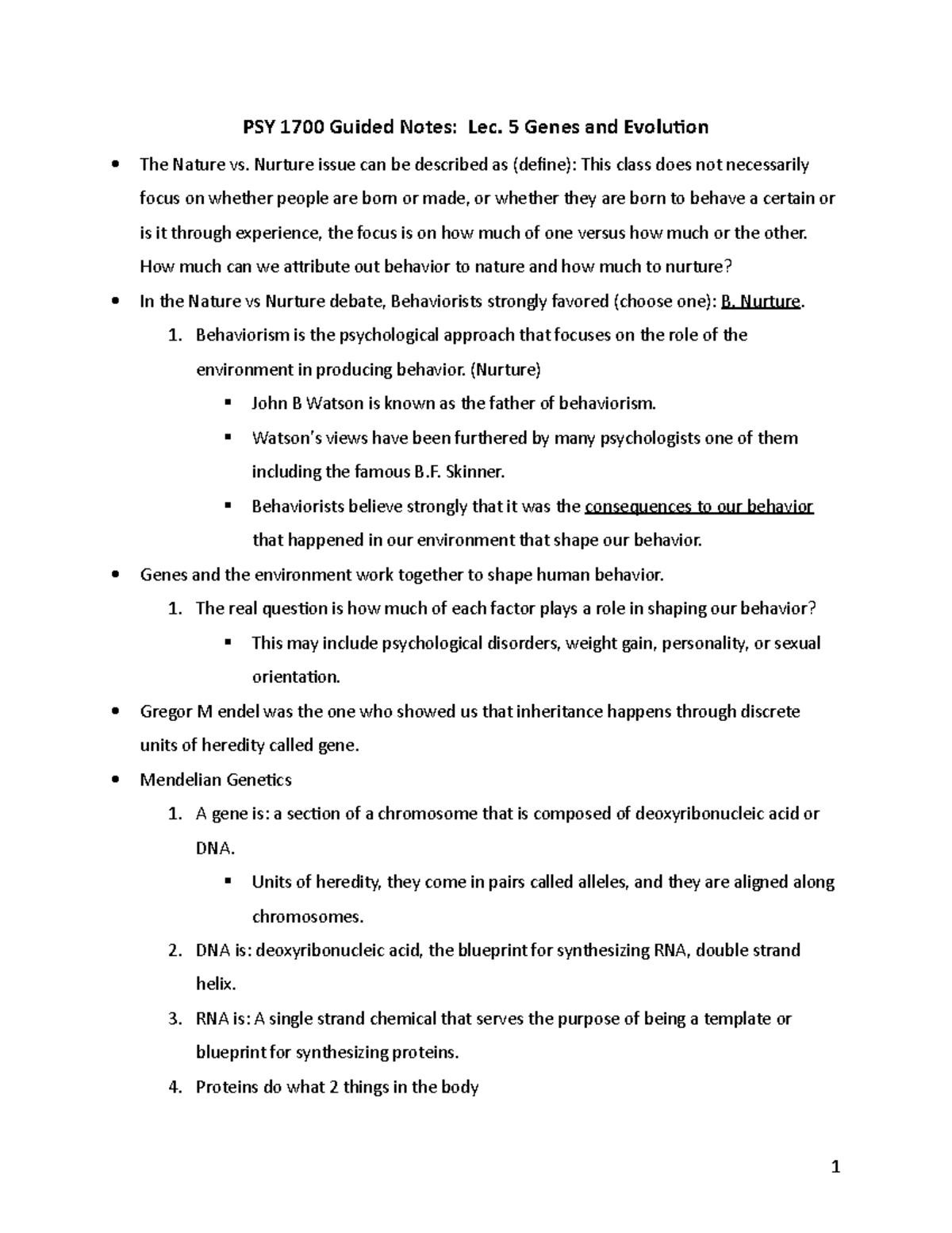 Lecture 5- Genes and Evolution - PSY 1700 Guided Notes: Lec. 5 Genes ...
