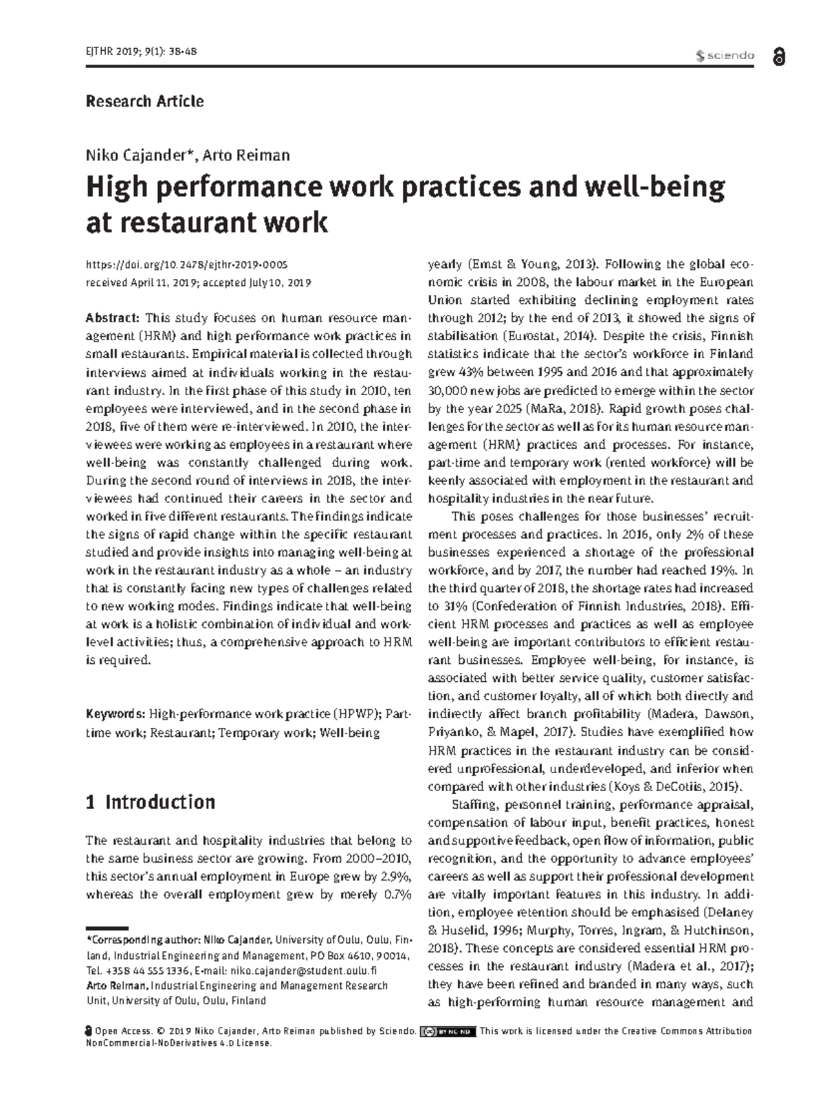 High performance work practices and well-being at - EJTHR 2019; 9(1 ...