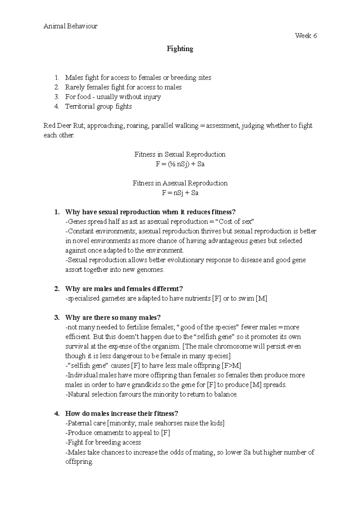 Fighting - week 6 - Lecture notes 6 - Animal Behaviour Week 6 Fighting ...