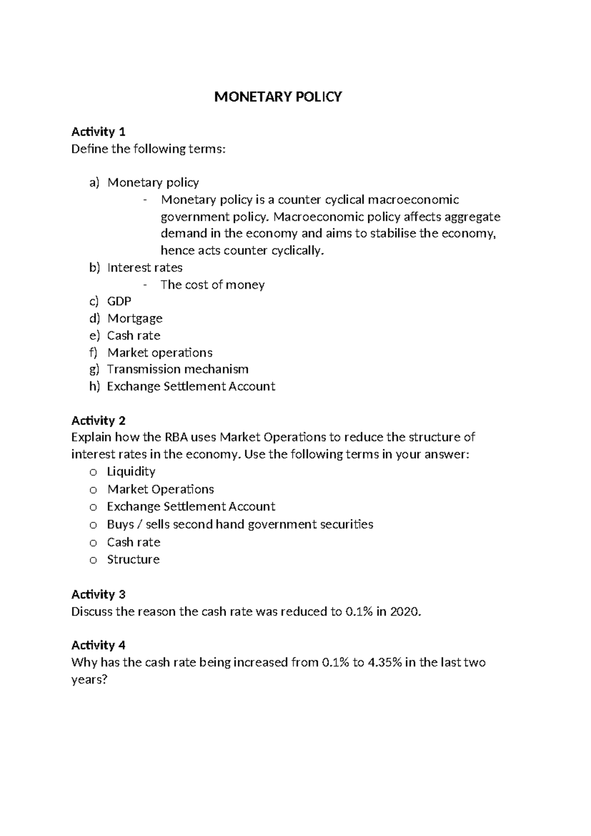 Monetary Policy Worksheet - MONETARY POLICY Activity 1 Define the ...