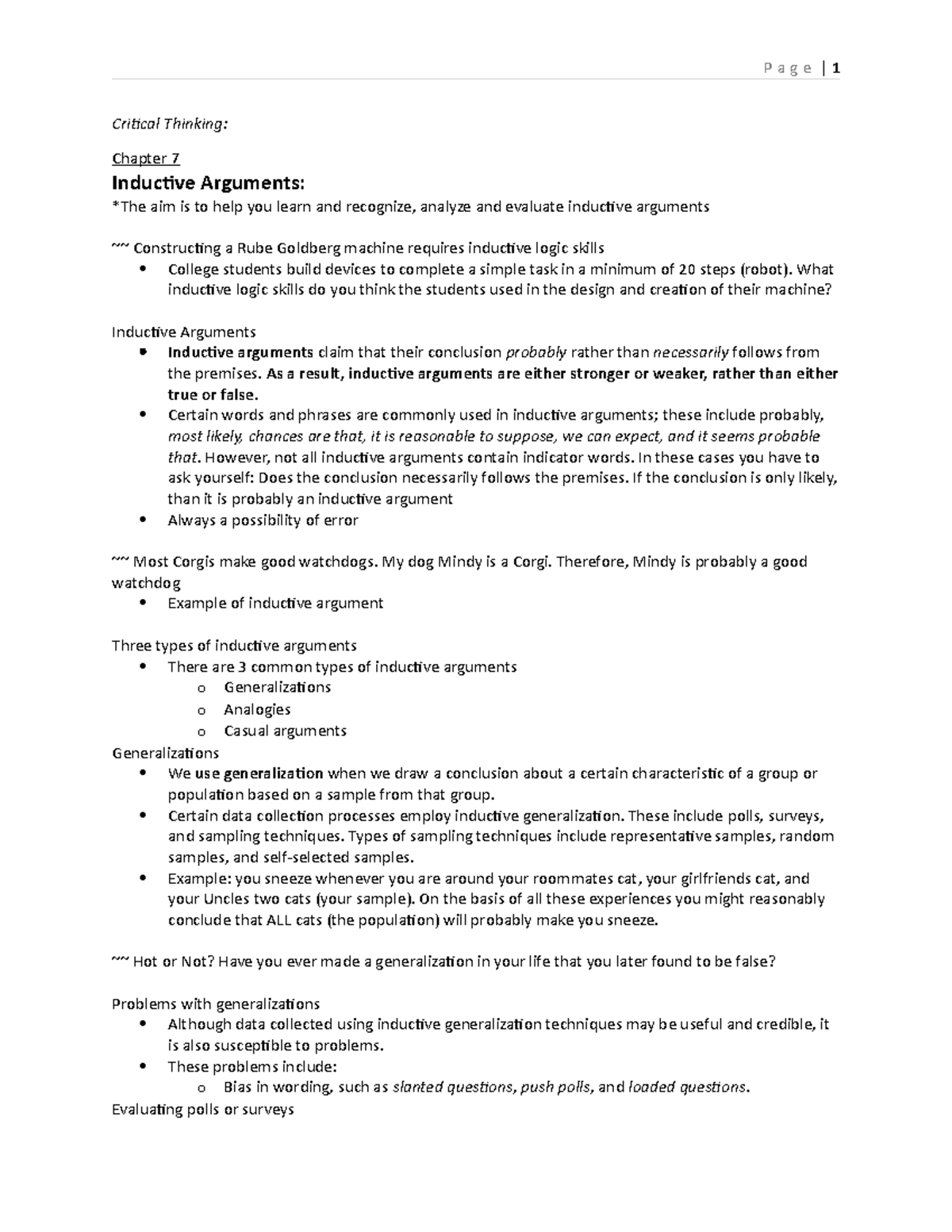 Chapter 7 outline - Critical Thinking: Chapter 7 Inductive Arguments ...