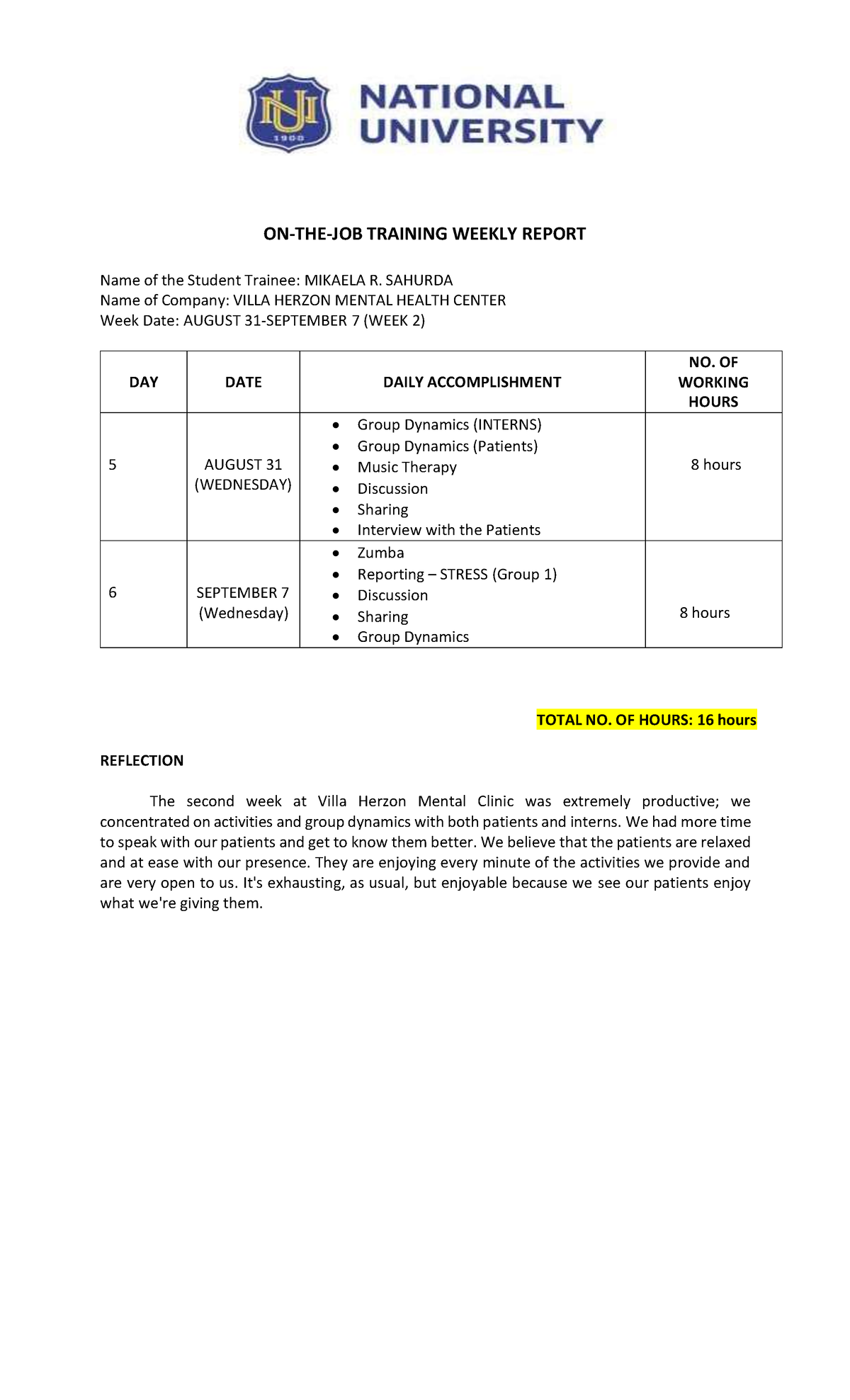 Weekly Report (WEEK 2)- Practicum- Sahurda Mikaela R - ON-THE-JOB ...