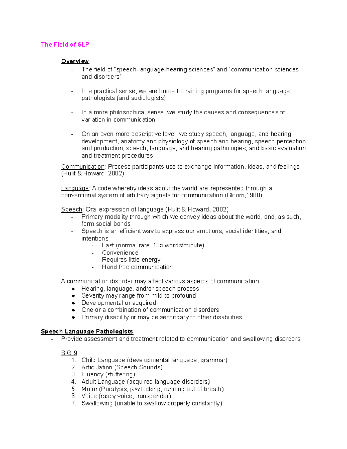 CSD Ch1 - Intro to CSD - The Field of SLP Overview - The field of