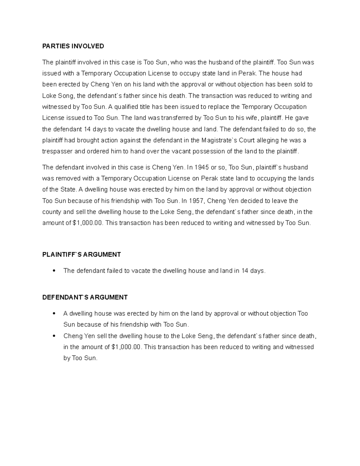 Plaintiff`S AND Defendant`S Arguments - PARTIES INVOLVED The plaintiff ...