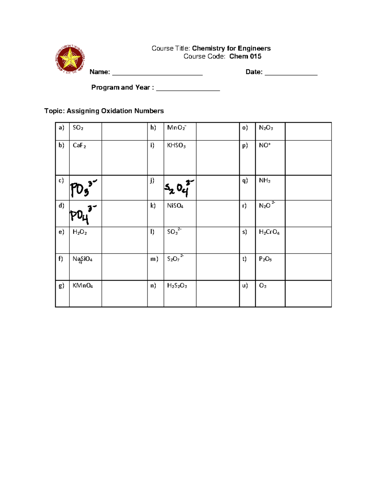 Assigning Oxidation number worksheet - BS Medical Technology/Medical ...