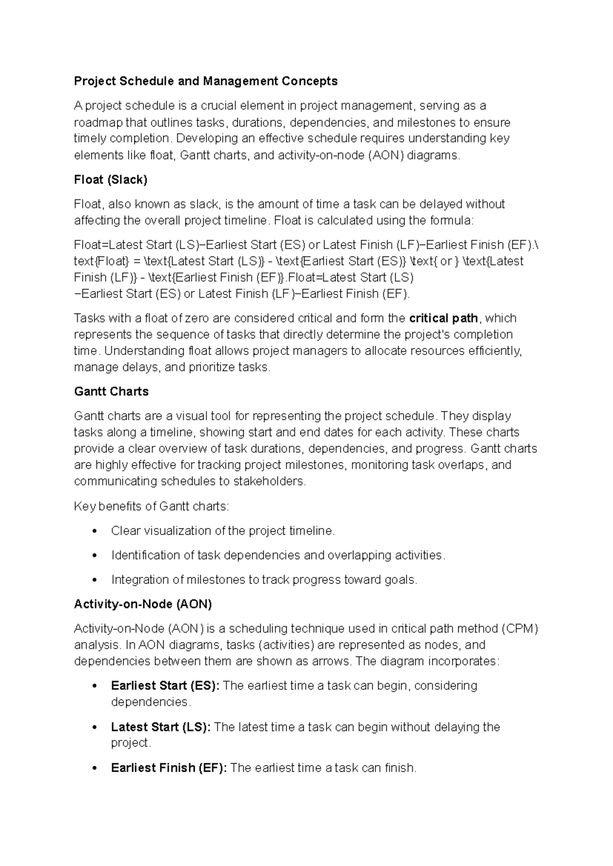 PMP Note - Week 8 Notes - Project Schedule and Management Concepts A ...