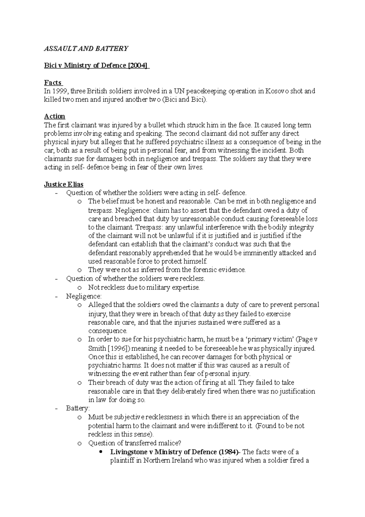 Wrongs to the person (Battery, Assault, False Imprisonment) - ASSAULT ...