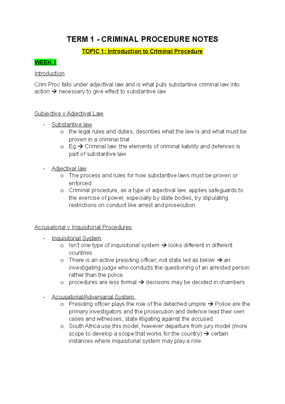 Class Notes - TERM 1 - CRIMINAL PROCEDURE NOTES TOPIC 1: Introduction ...