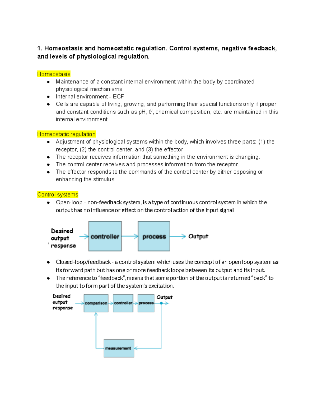 Physiology notes 2nd year - 1. Homeostasis and homeostatic regulation ...