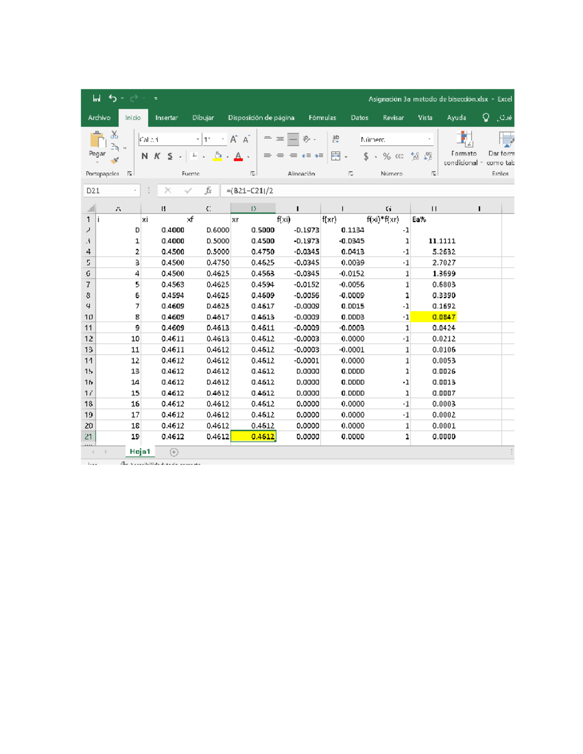 Tabla metodo de biseccion - Métodos Numéricos I - Studocu