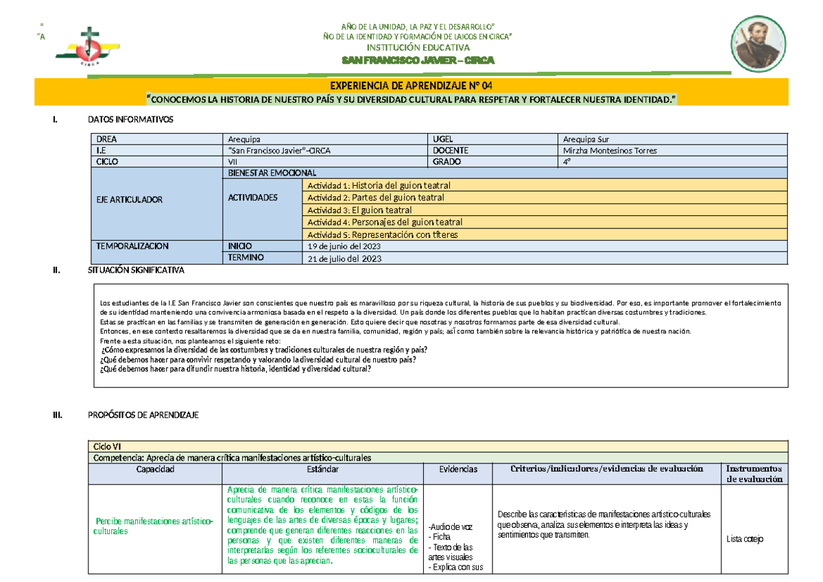 Experiencia N°4 4°SEC - bnnh - “ AÑO DE LA UNIDAD, LA PAZ Y EL ...