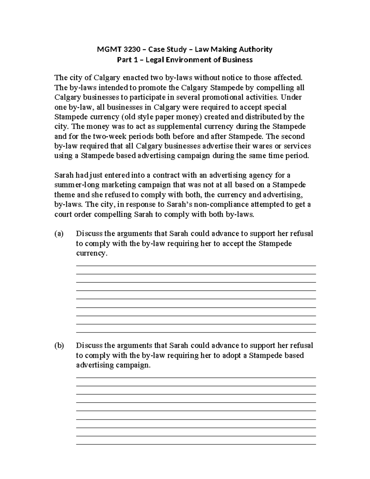 Case Study - Chapter 2 - Law Making Authority - MGMT 3230 – Case Study ...