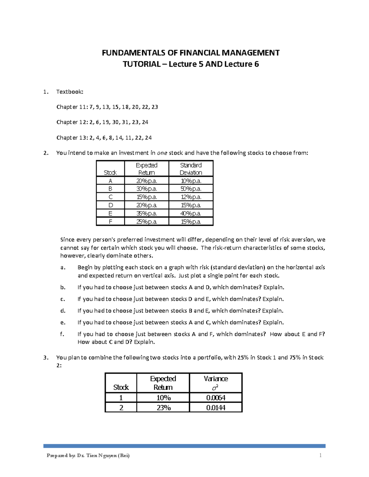 IUFM Lecture 5 & 6 Homework Handouts - FUNDAMENTALS OF FINANCIAL ...