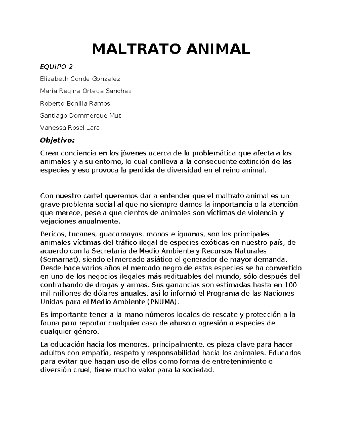 Ensayo Trafico Animal- Equipo 2 - MALTRATO ANIMAL EQUIPO 2 Elizabeth ...