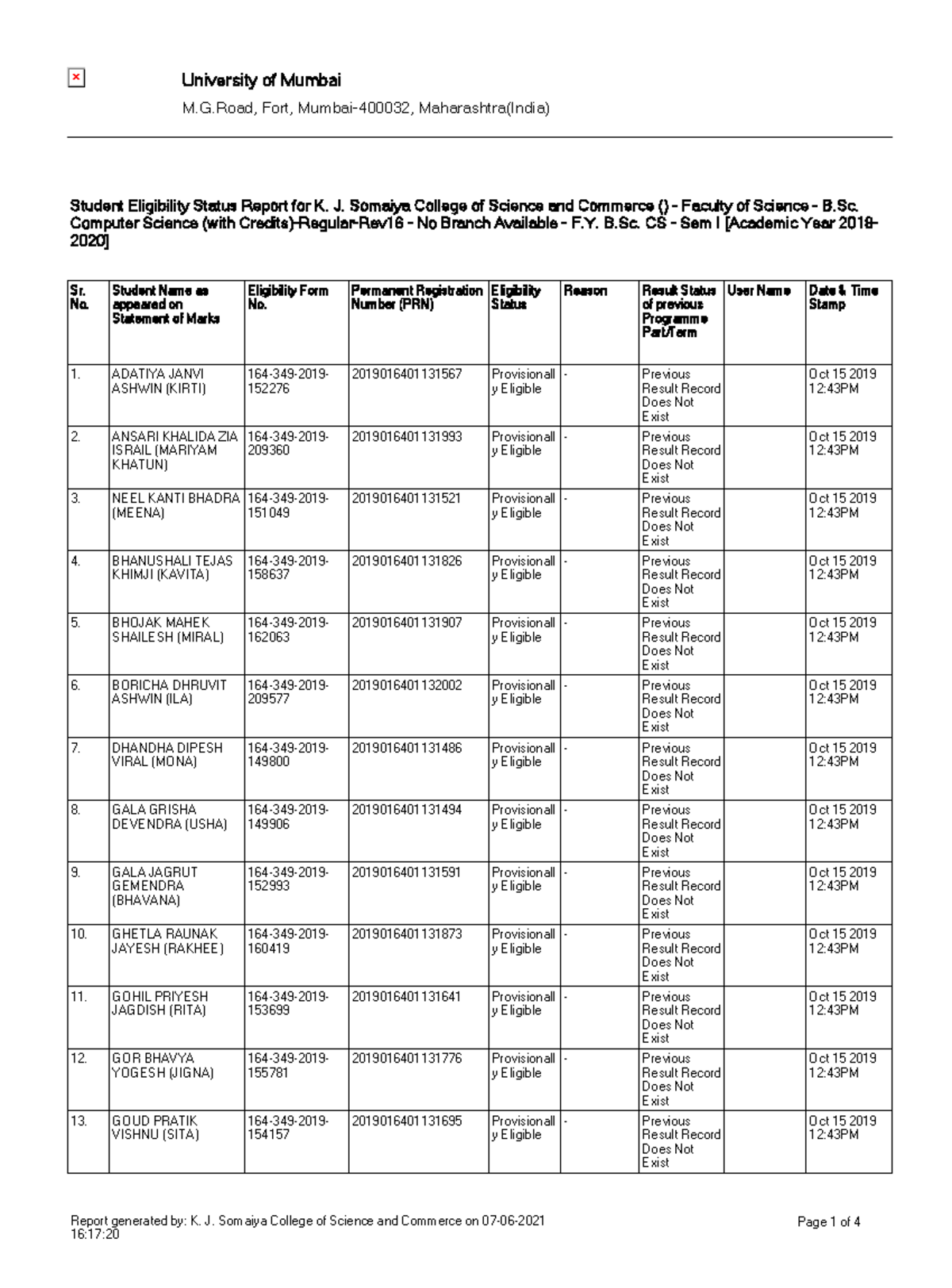 MU Student Info Fybsc CS 2019-20 - Student Eligibility Status Report ...