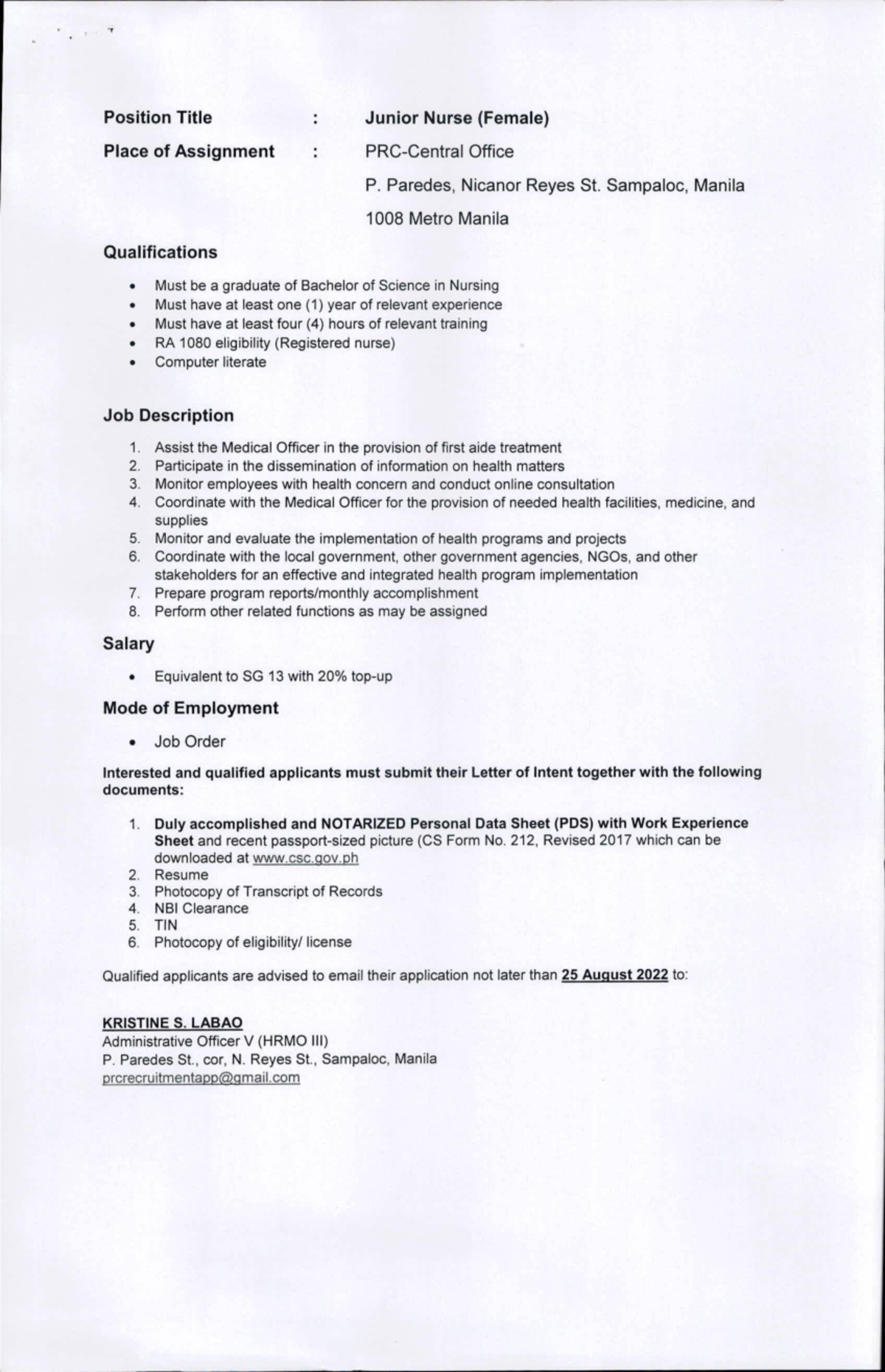Publication - Medical UNIT 082022 - Position Title Junior Nurse (Female ...