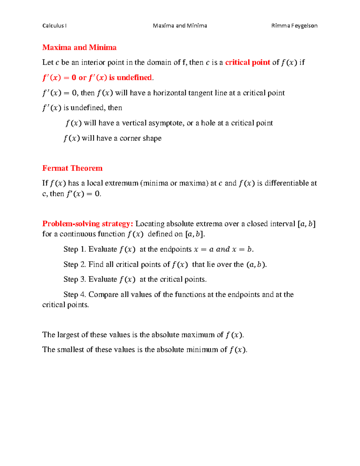 4.3 Maxima and Minima - Calculus 1 notes - Maxima and Minima Let 𝑐 be ...