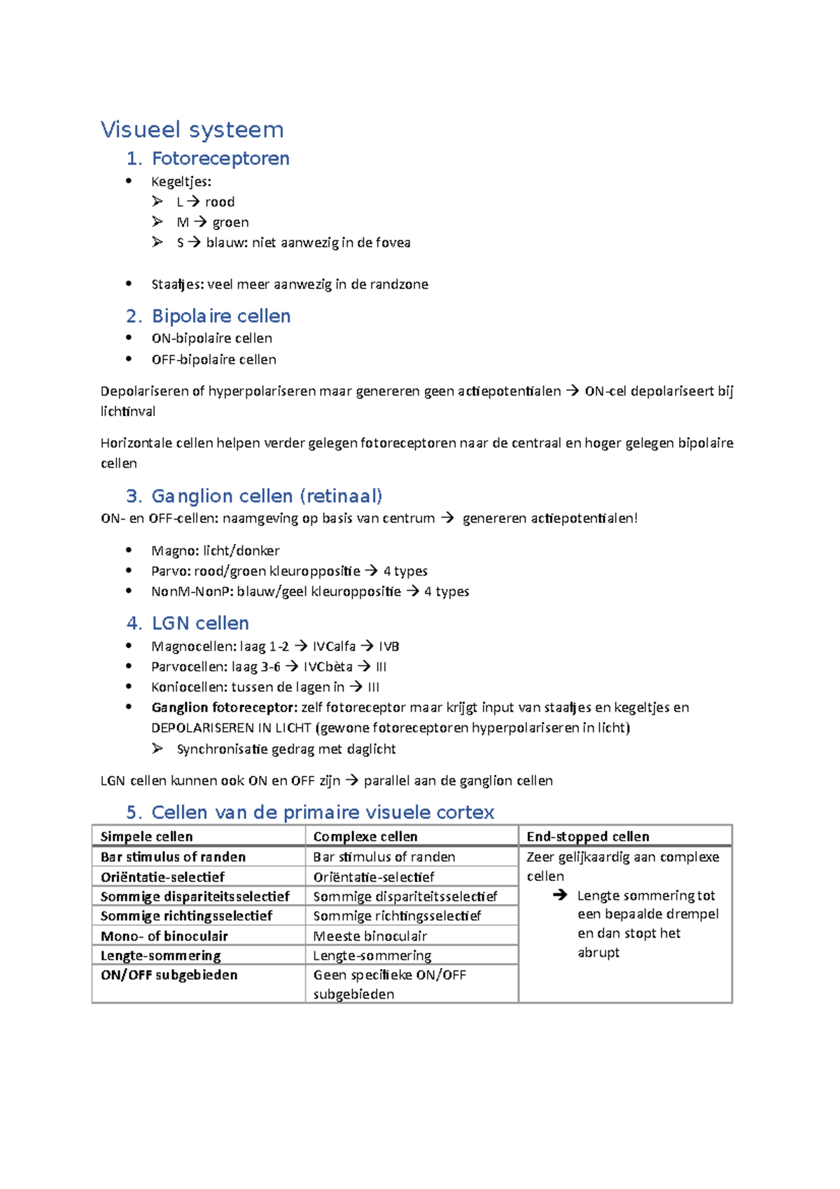 Overzicht cellen per systeem - Visueel systeem 1. Fotoreceptoren ...