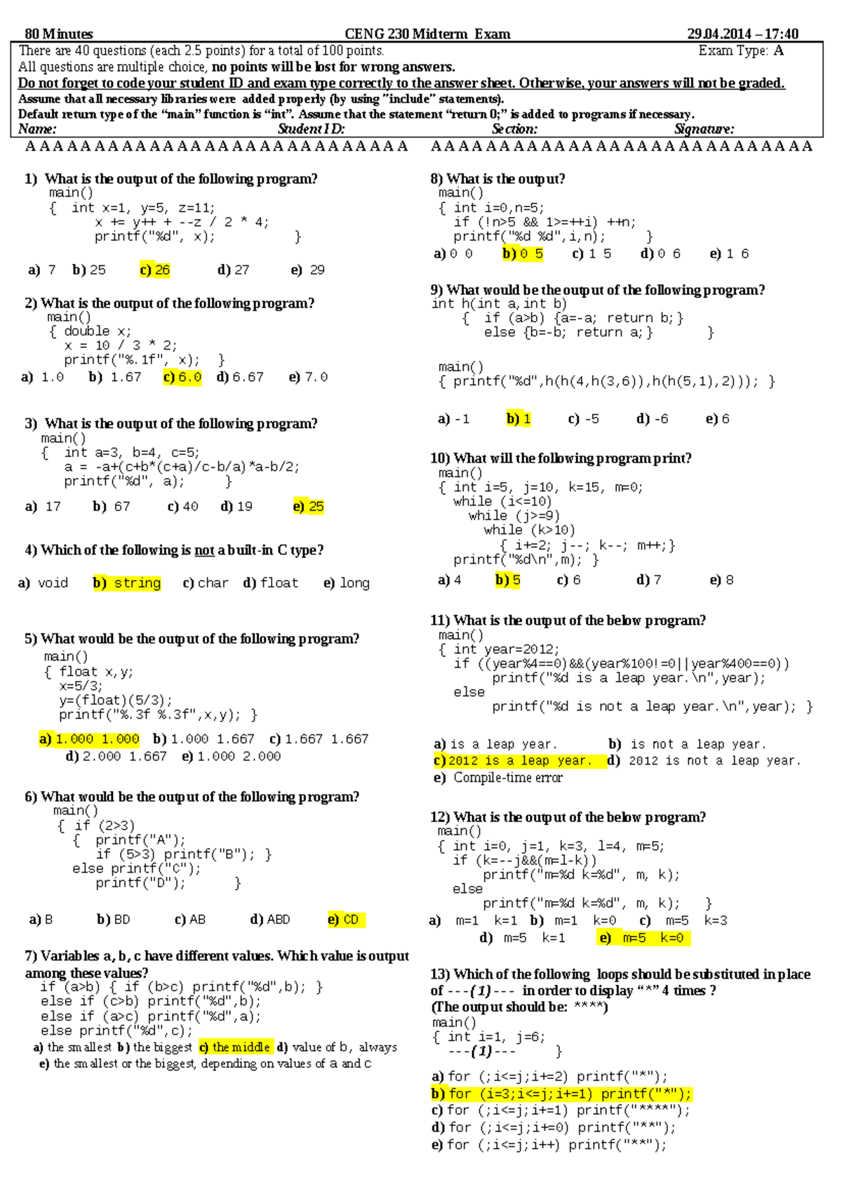 2013 2 Midterm - 80 Minutes CENG 230 Midterm Exam 29.04 – 17: There are ...