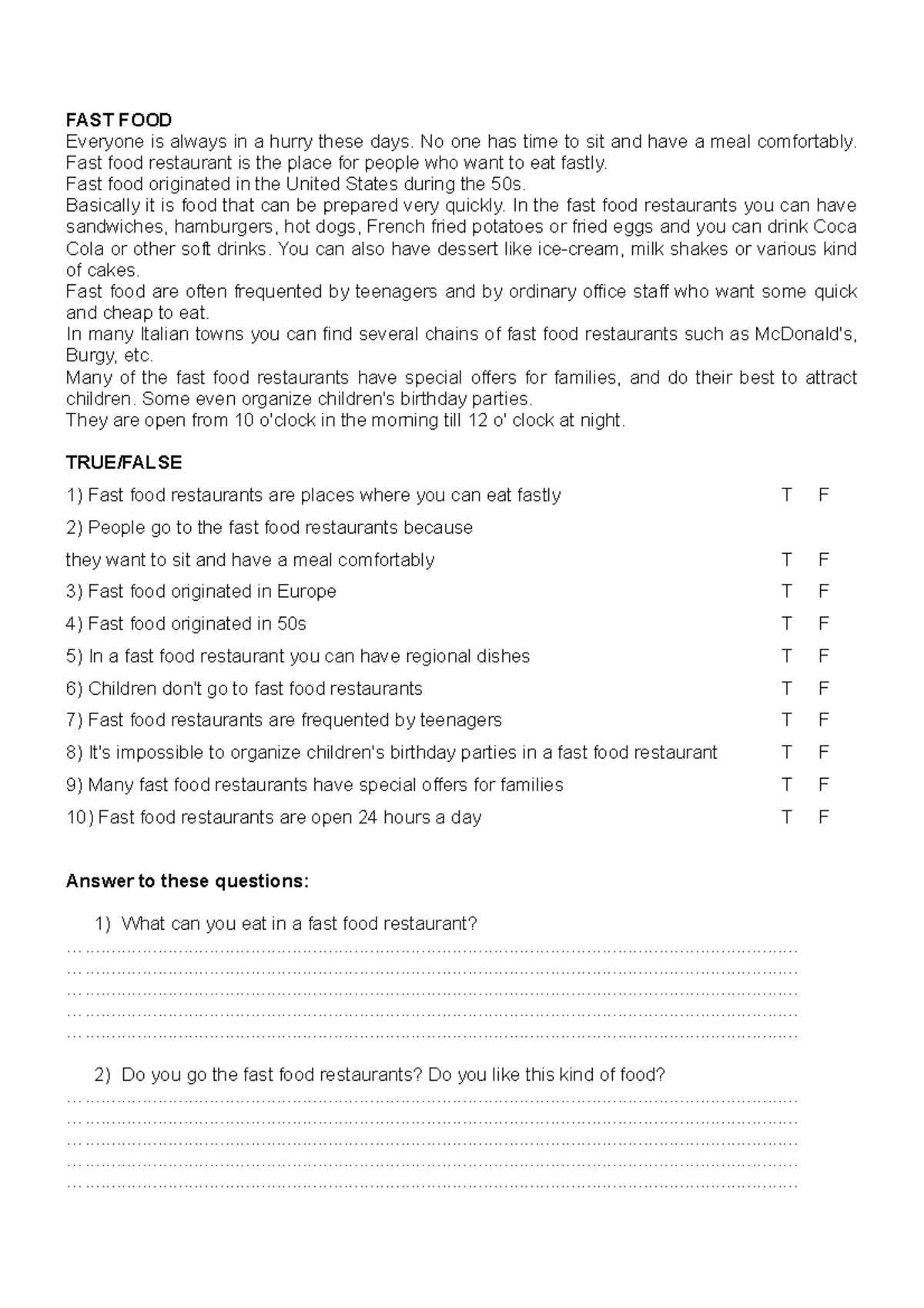 Fast food reading comprehension para la lectura - FAST FOOD Everyone is ...