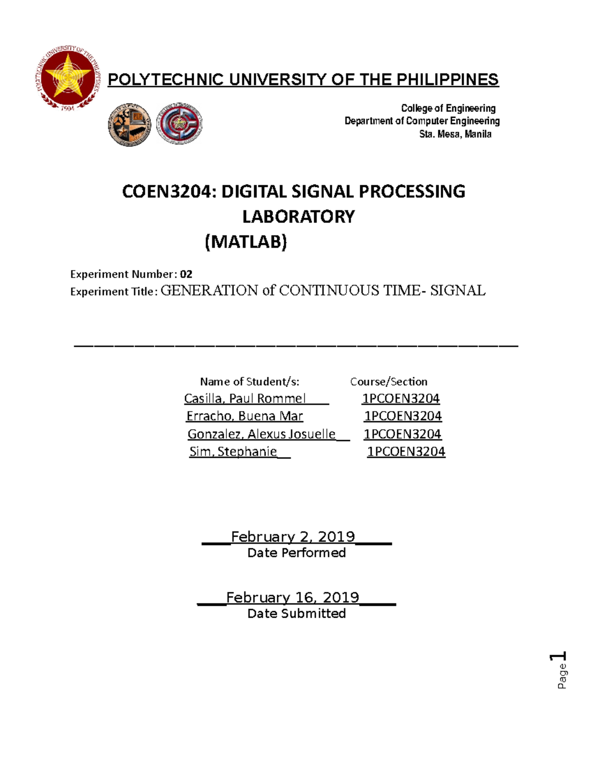 Dsp experiment 2 - Page 1 POLYTECHNIC UNIVERSITY OF THE PHILIPPINES ...