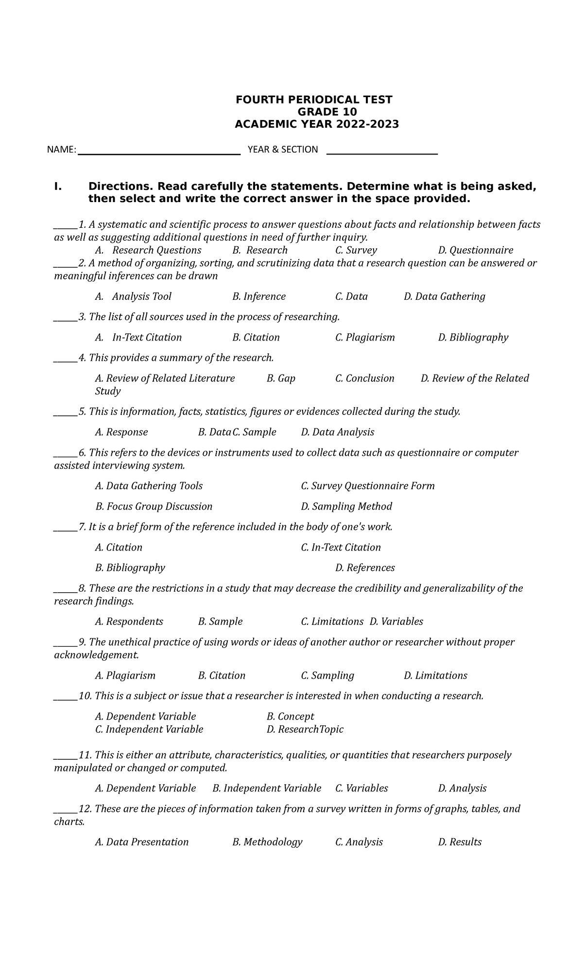 Fourth- Periodical-TEST - FOURTH PERIODICAL TEST GRADE 10 ACADEMIC YEAR ...