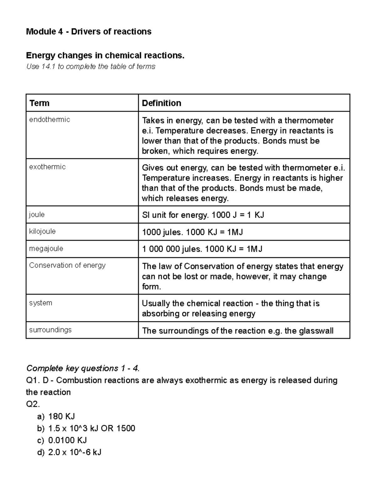 Chemistry - Energy changes in chemical reactions - Module 4 - Drivers ...