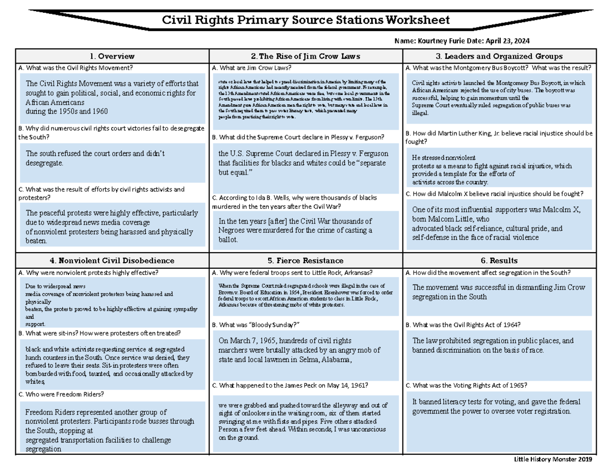 Civil Rights Primary Source Stations Activity Worksheet - Student Copy ...