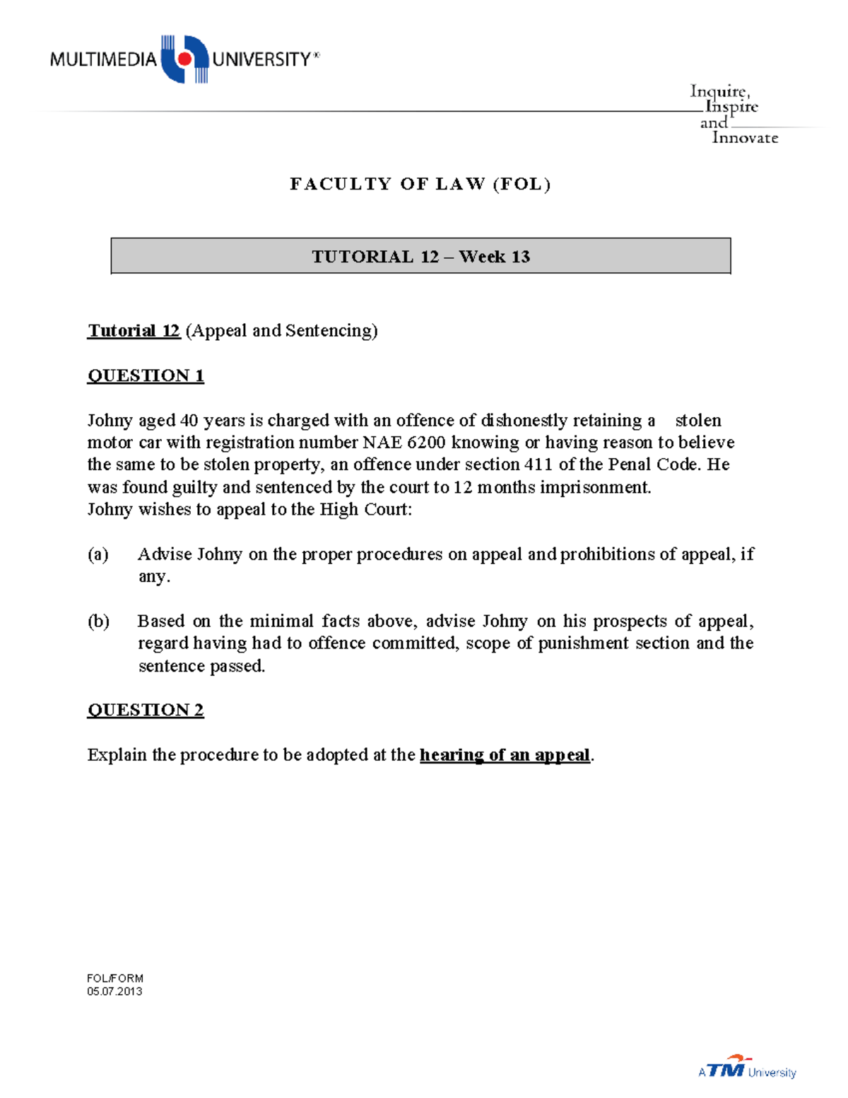 Week 13 Tutorial 12 Question 2220 - FACULTY OF LAW (FOL) TUTORIAL 12 – Week 13 Tutorial 12 ...