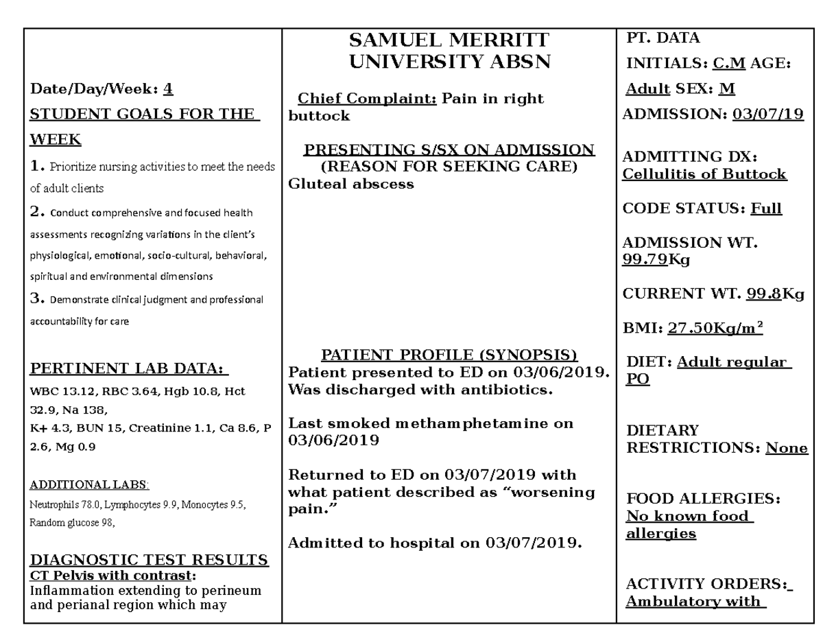 MCA-1 Care Plan week 4 - MCA-1 Clinicals Care Plan week 4 - Date/Day ...